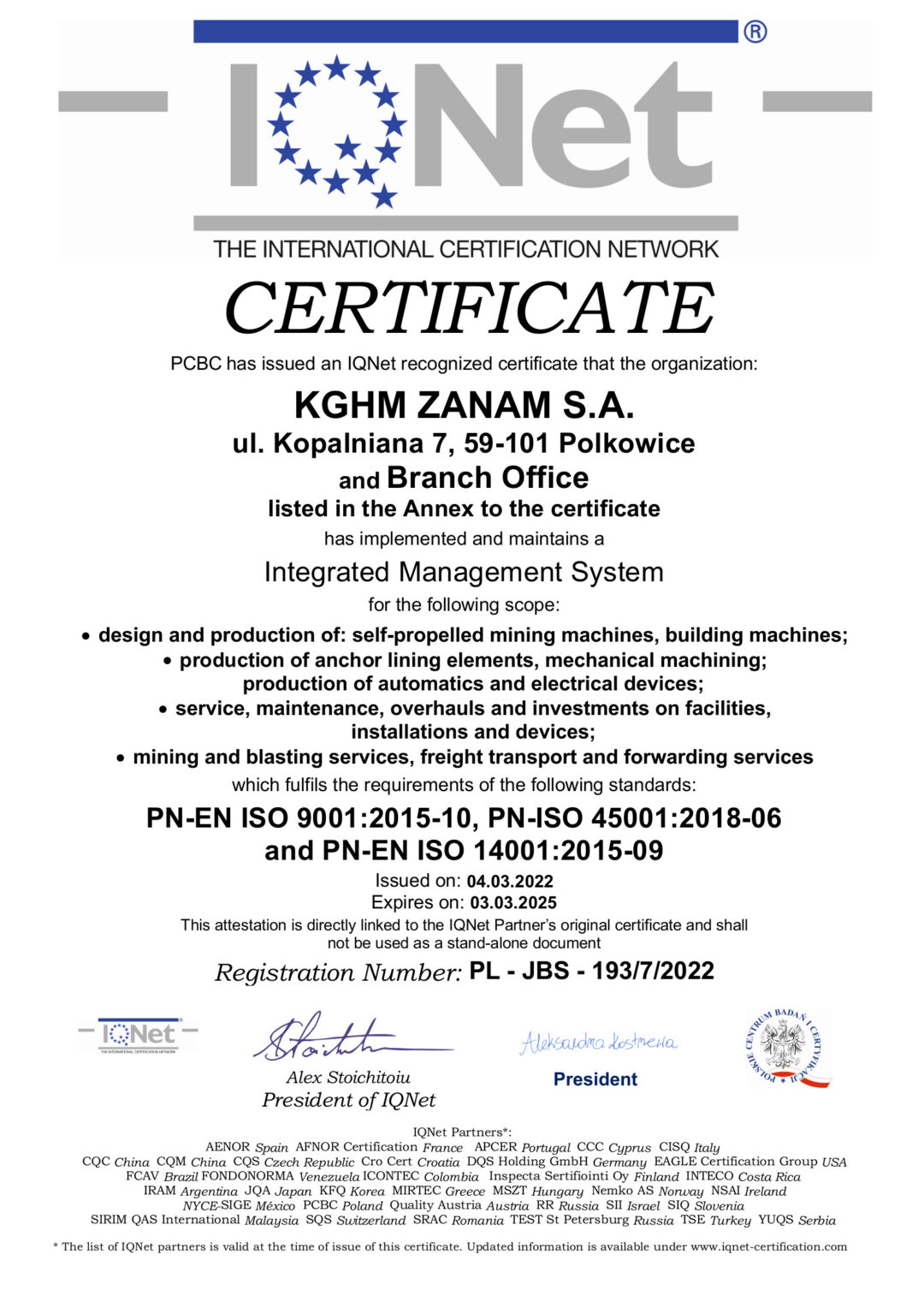 Certificates | KGHM ZANAM