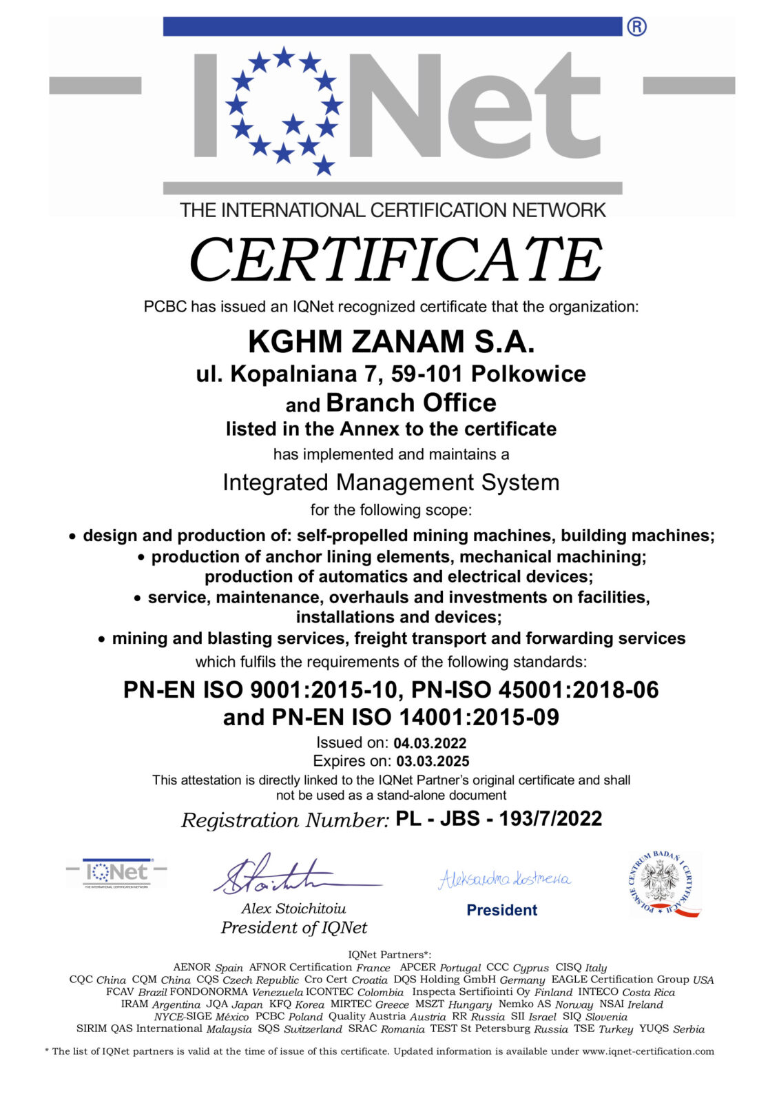 Certificates | KGHM ZANAM