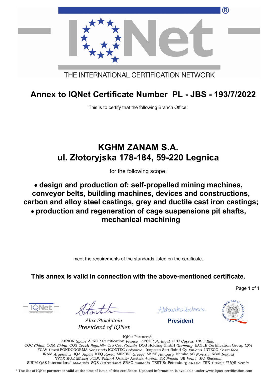 Certificates | KGHM ZANAM