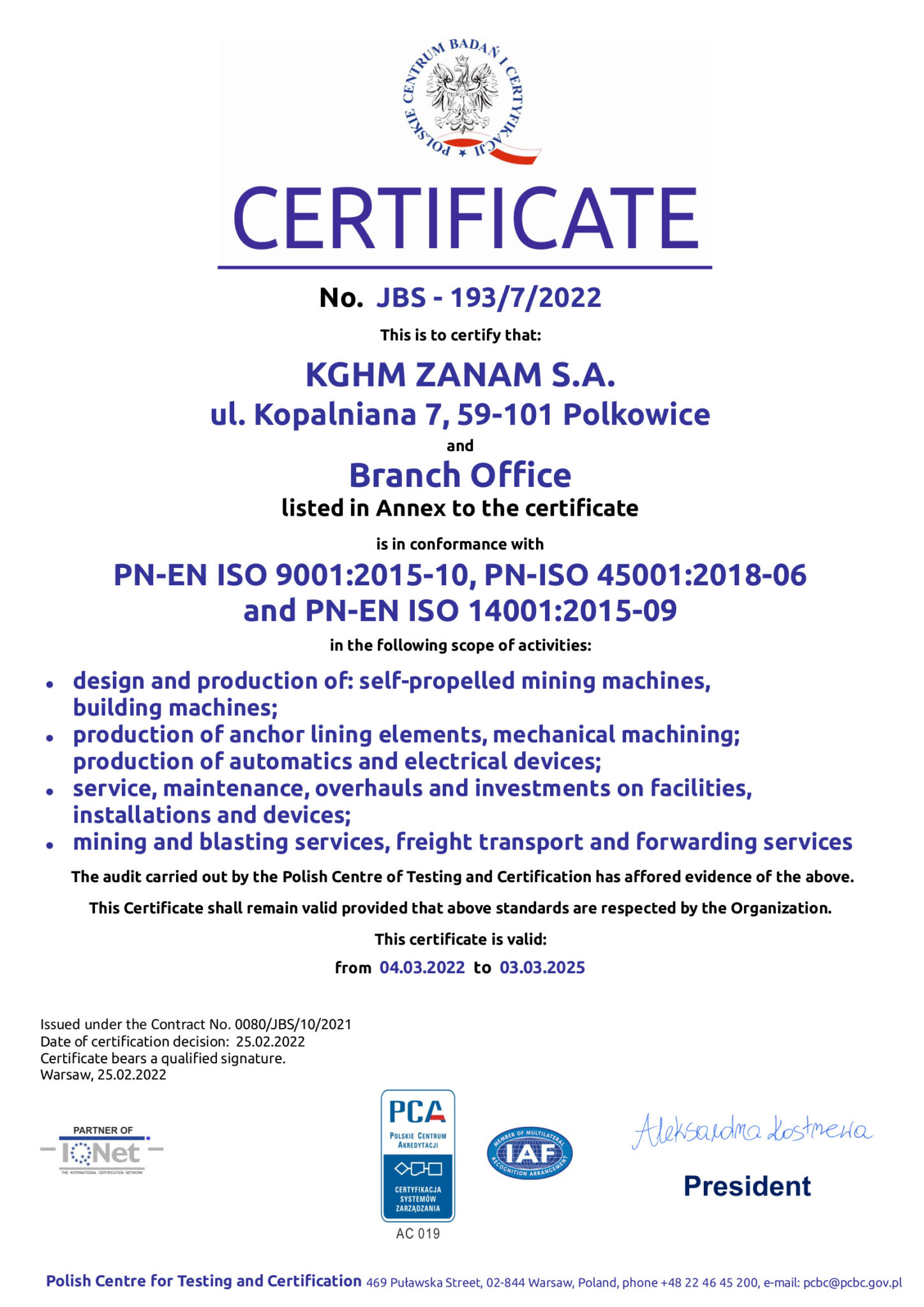 Certificates | KGHM ZANAM